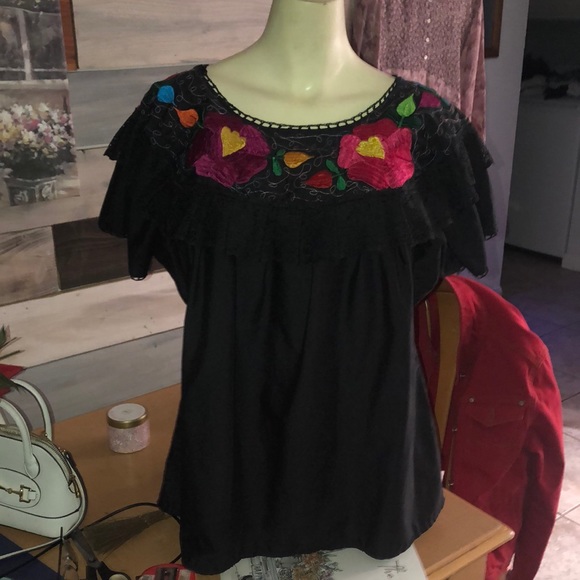 Tops | Handmade Embroidered Spanish Style Black Top | Poshmark